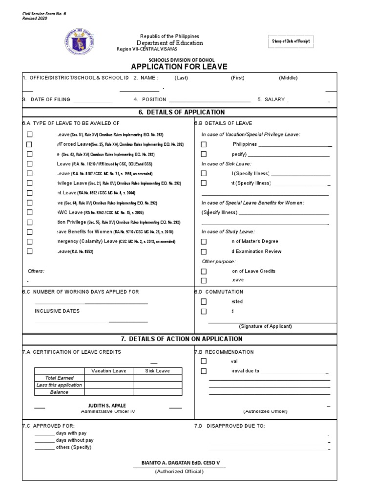 CS Form No. 6, Revised 2020 (Application For Leave) (Fillable) | PDF ...