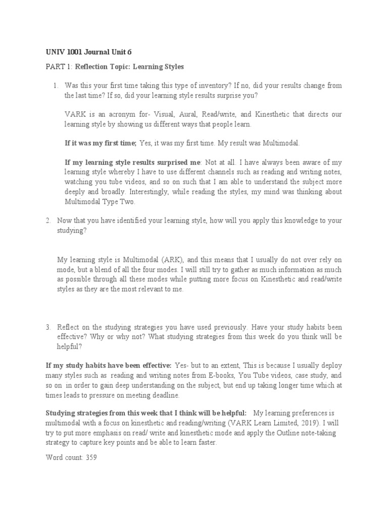 UNIV 1001 Learning Journal Unit 6 | PDF | Learning Styles | Apa Style