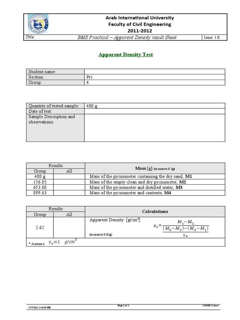 Apparent Density of Sand - Test Report | PDF