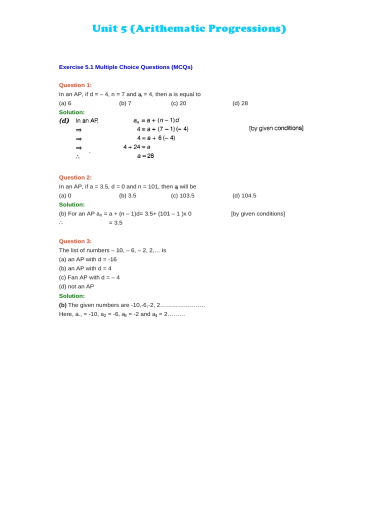 Unit 5 (Arithematic Progressions) : Exercise 5.1 Multiple Choice Questions (MCQS) | Download ...
