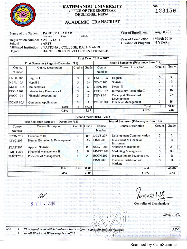 Bachelors Transcript 1 | PDF