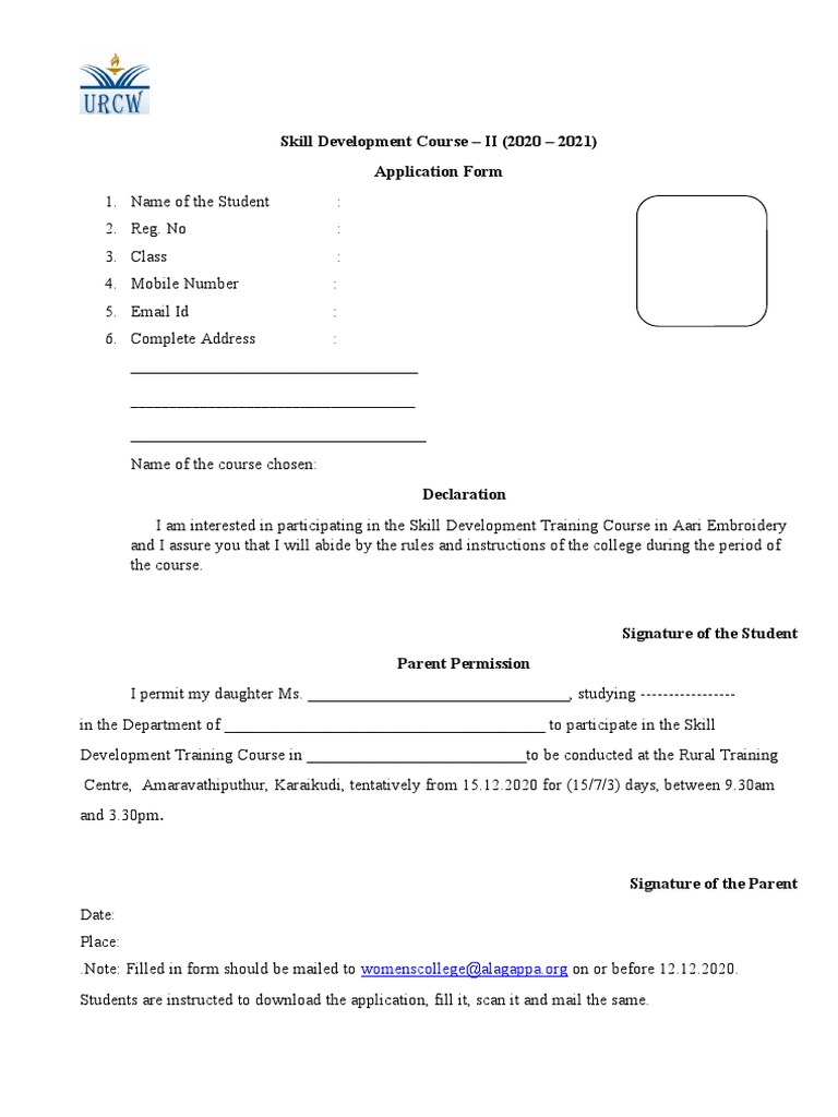 Aari Embroidery Skill Development Course Application Form for 2020-2021 ...