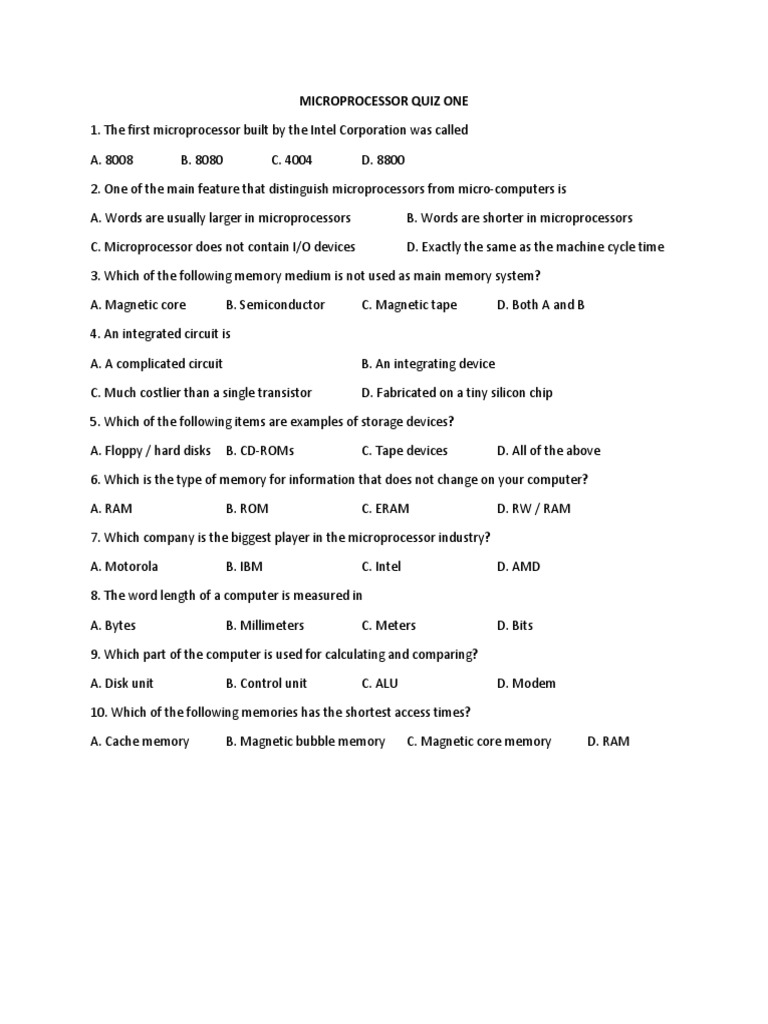 Microprocessor Quiz One | PDF | Computer Data Storage | Microprocessor