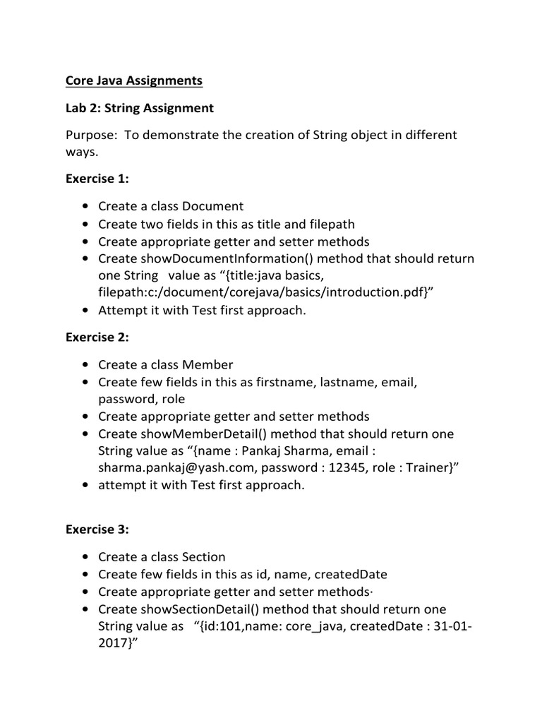 Core Java Assignments Lab 2 String Assignment Pdf String Computer Science Object 7304
