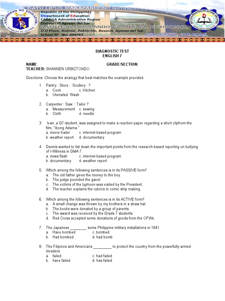 Diagnostic Test English 7 Name: Grade/Section: Teacher: Shannen ...