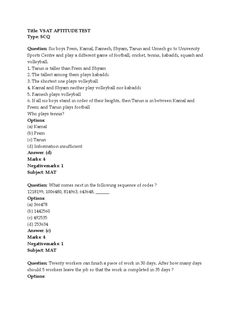 VSAT Aptitude Test Sample Questions | PDF | Games & Activities