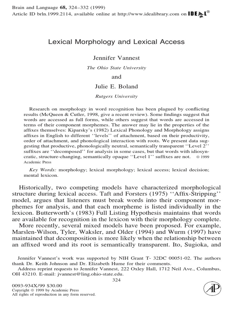 Lexical Morphology and Lexical Access: The Ohio State University | PDF ...