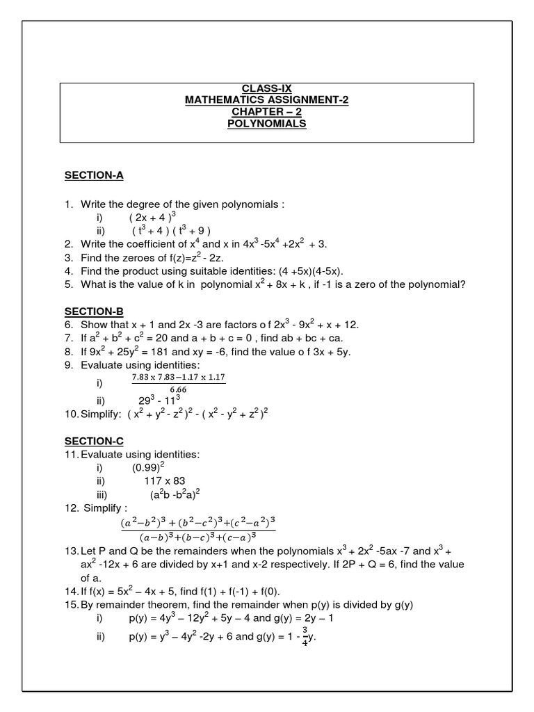 Class-Ix Mathematics Assignment-2 - 2 Polynomials | PDF | Factorization | Polynomial