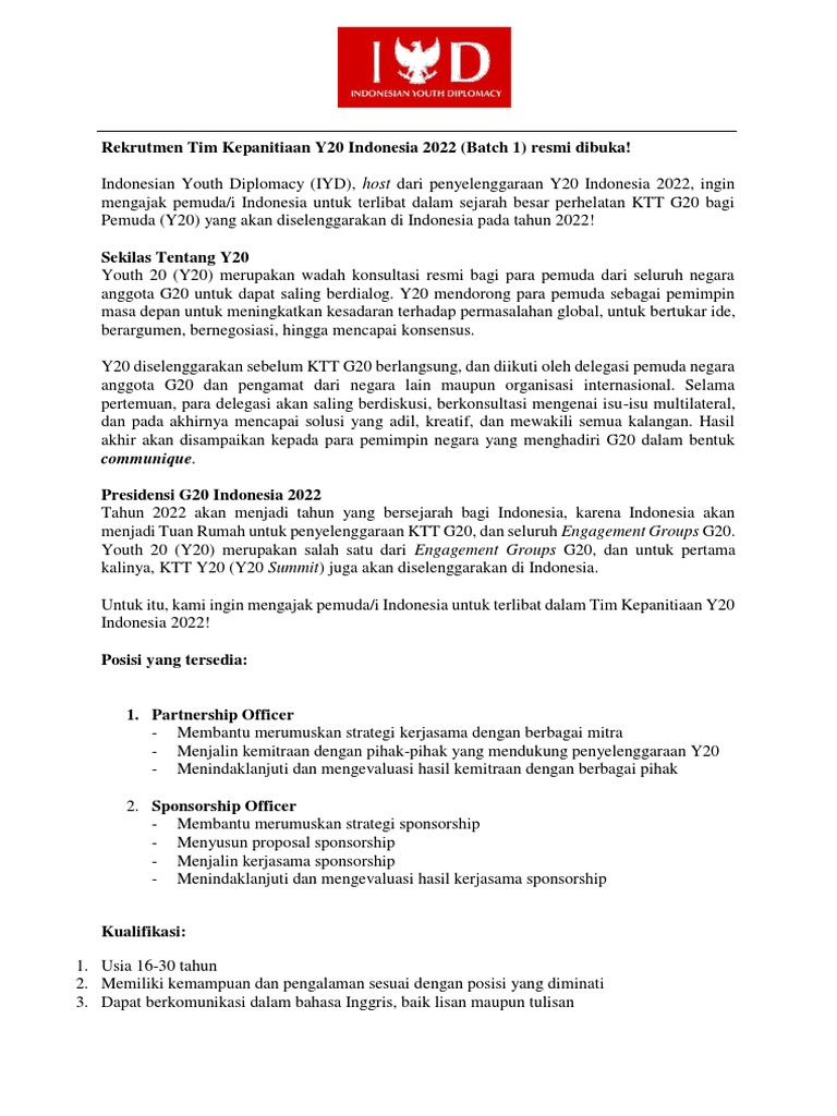 Info Rekrutmen Tim Y20 Indonesia 2022 | PDF