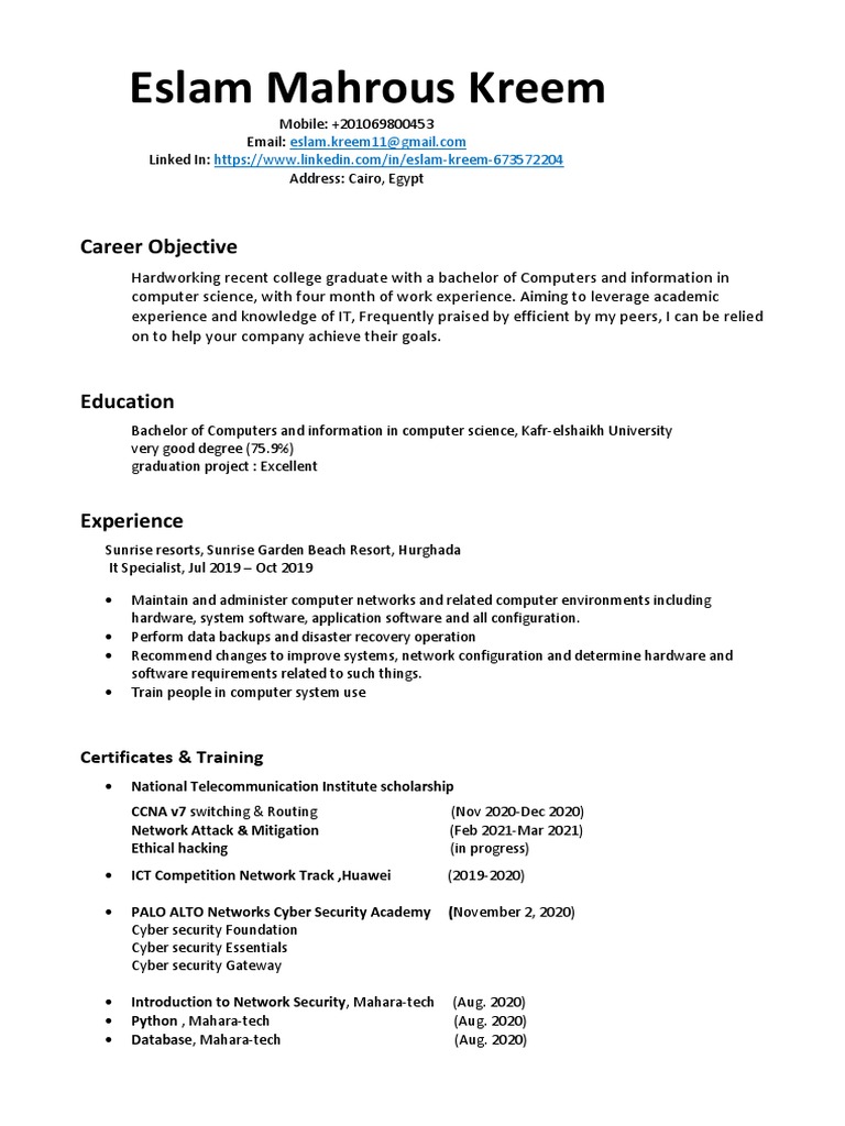Recent Graduate CV - Eslam Mahrous Kreem | PDF | Computer Security ...