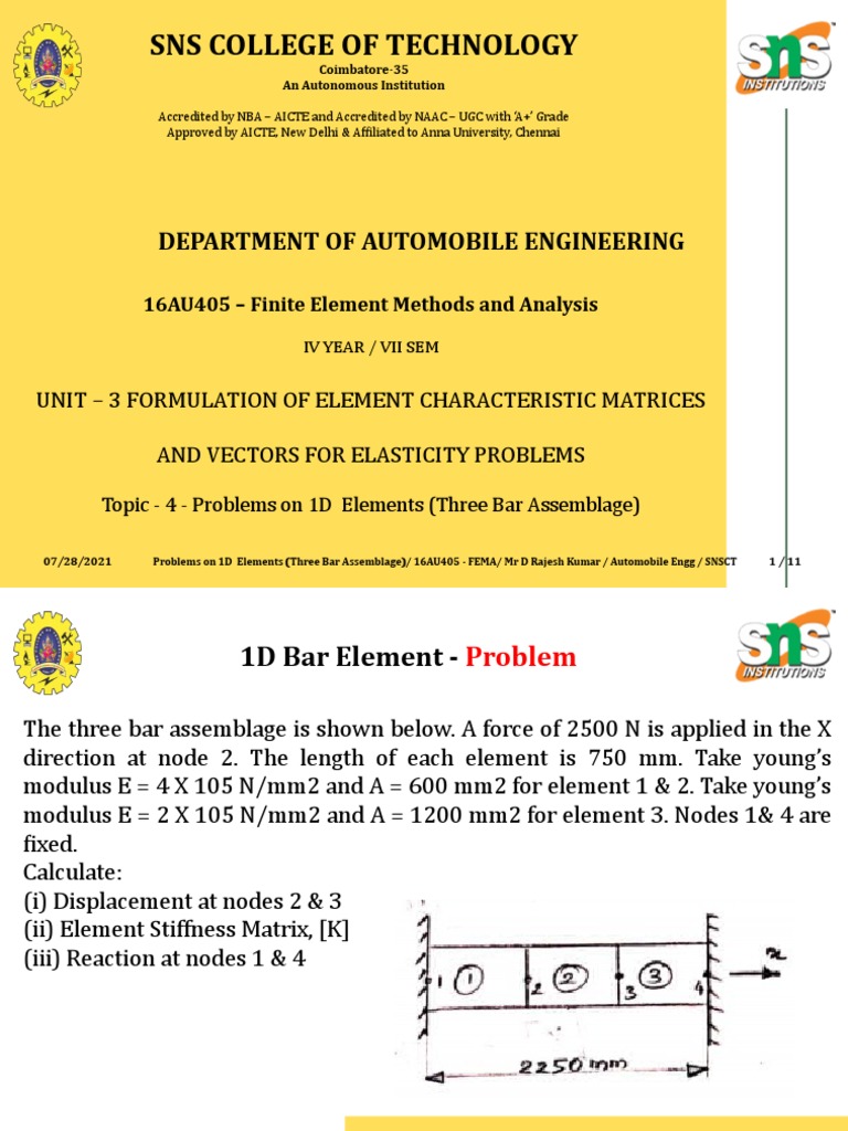 Topic - 4 - Problems On 1D Elements (Three Bar Assemblage) | PDF ...