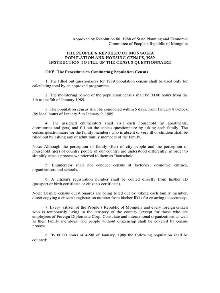 Mongolia 1989 Census Enumerator Manual | PDF | Census | Nationality