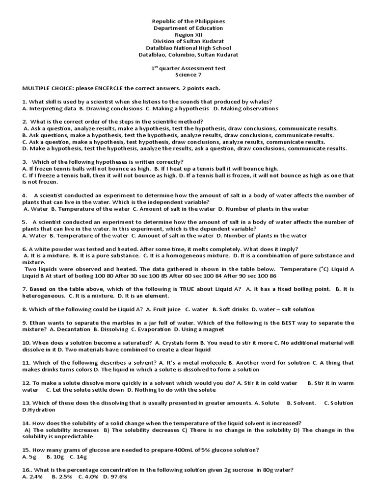 Science 7 Assessment Test | PDF | Solution | Mixture
