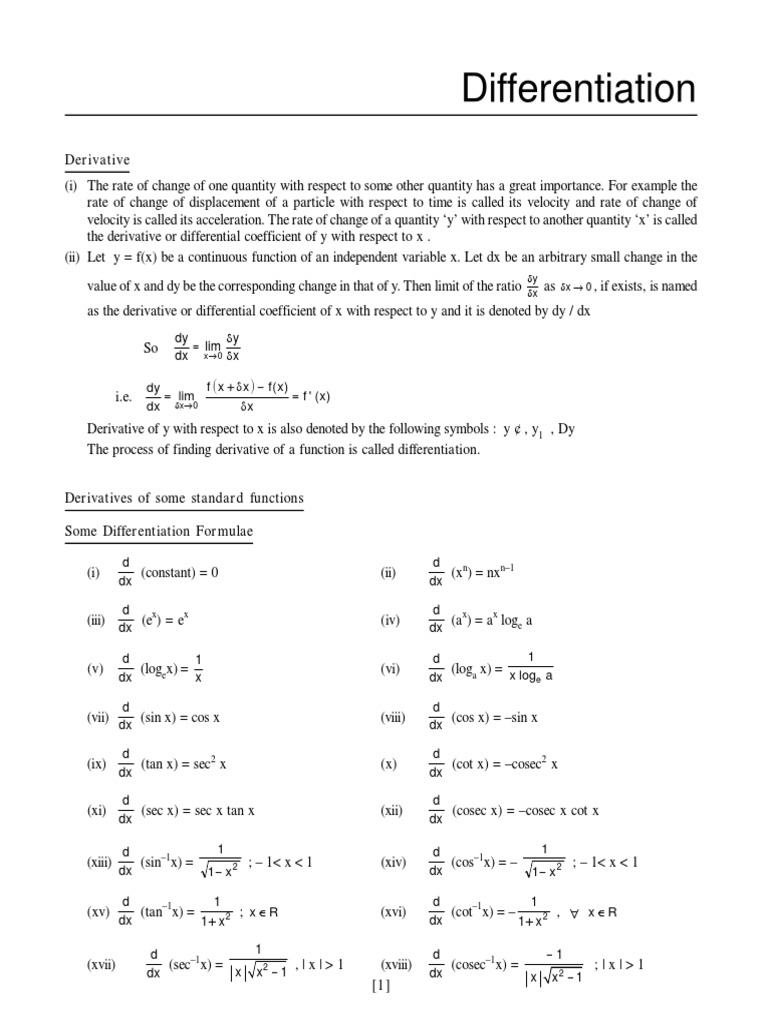 Derivatives of Standard Functions and Differentiation Techniques | PDF ...