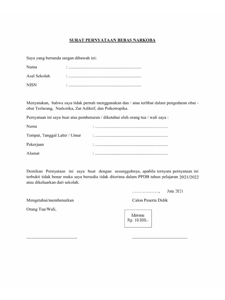 Contoh Format Surat Keterangan Bebas Narkoba | PDF