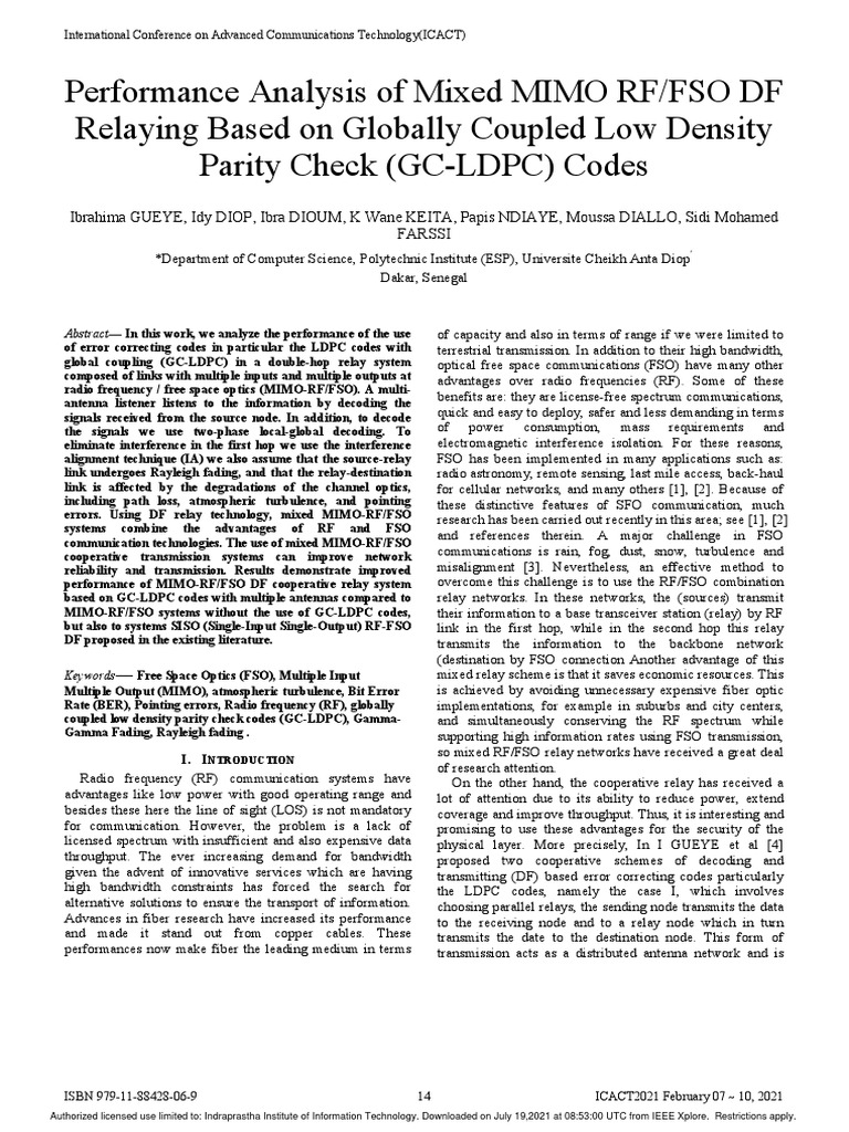 Performance Analysis of Mixed MIMO RF/FSO DF Relaying Based On Globally Coupled Low Density ...