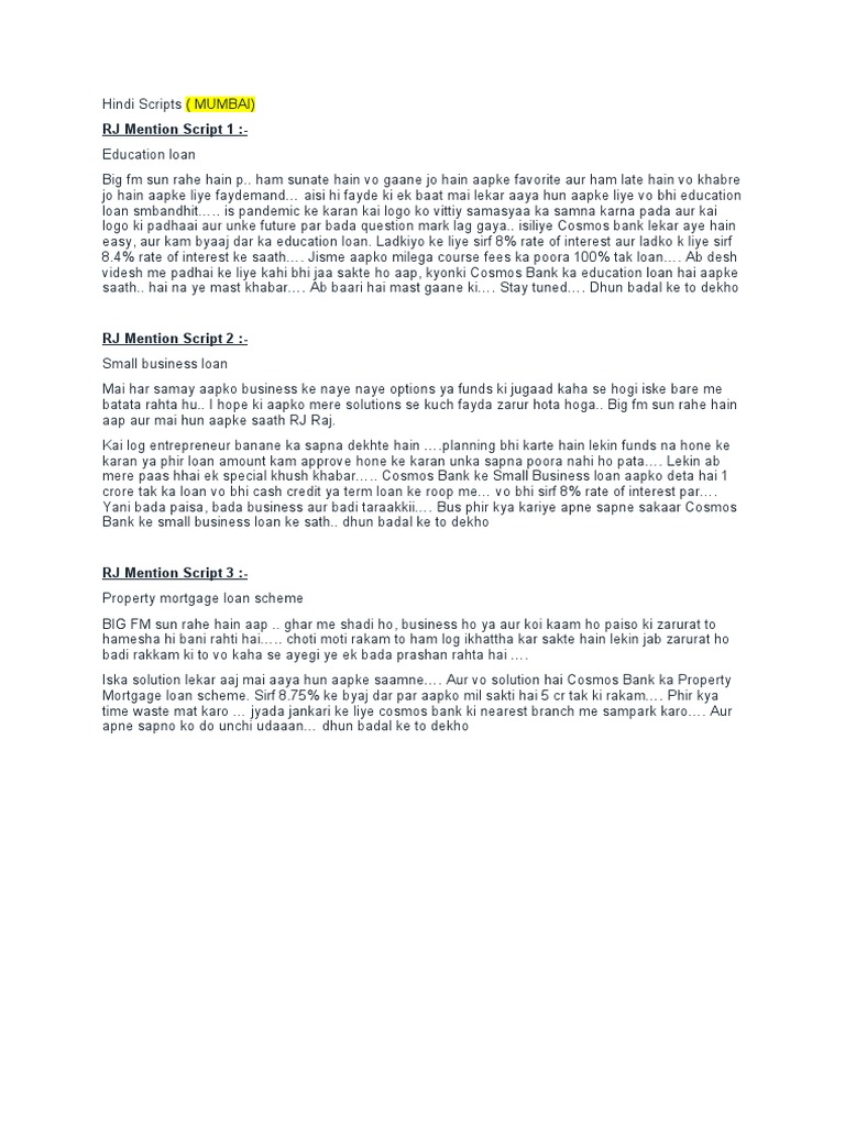 RJ Mention Sample Script For Radio | PDF | Credit | Finance & Money ...