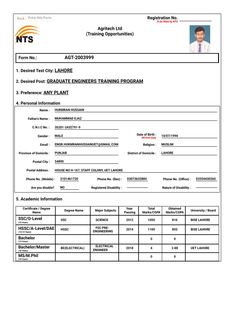 Agritech Graduate Engineers Training Form | PDF | Fee | Service Industries