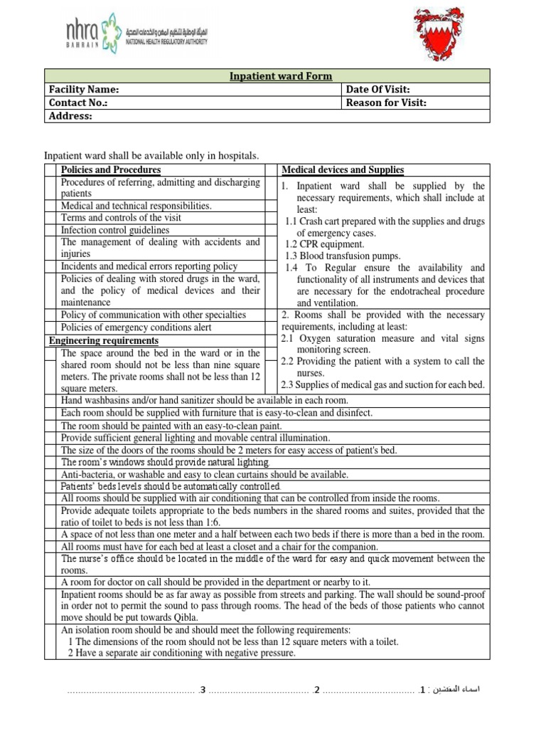 Inpatient Ward Form Facility Name: Date of Visit: Contact No.: Reason ...