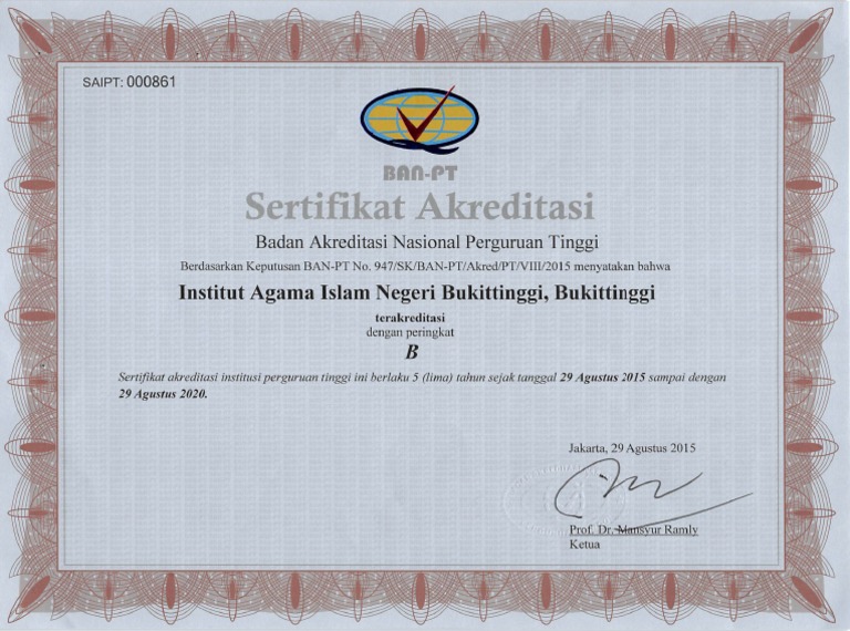 Sertifikat Akreditasi IAIN BKT | PDF