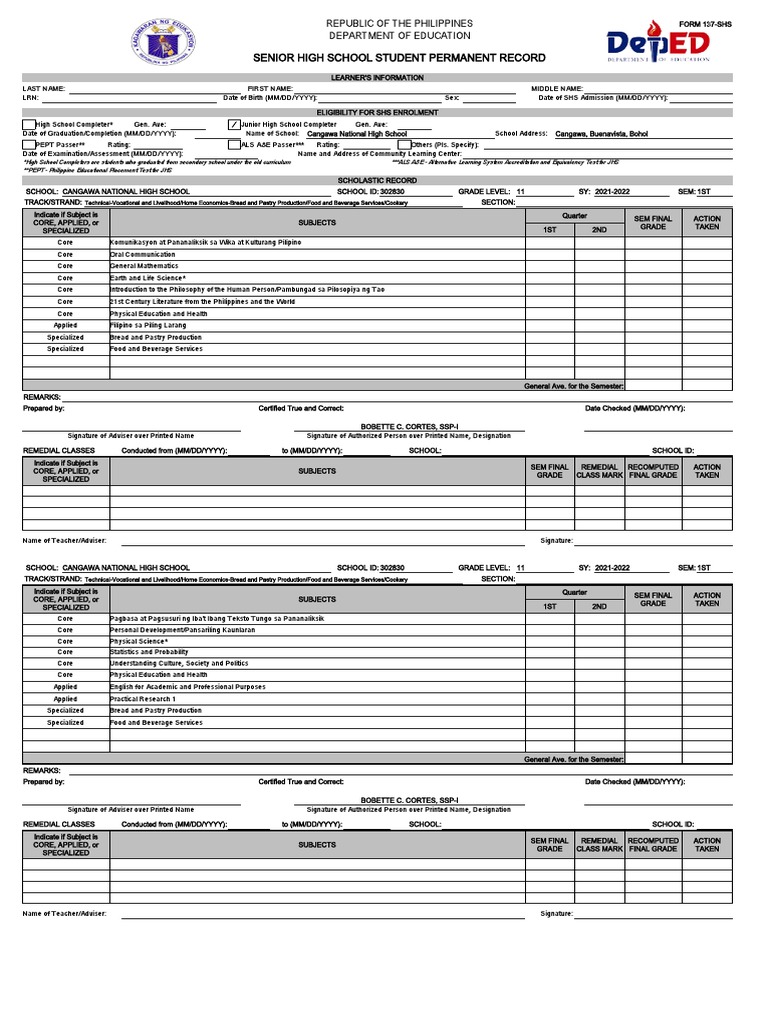Senior High School Student Permanent Record: Republic of The ...