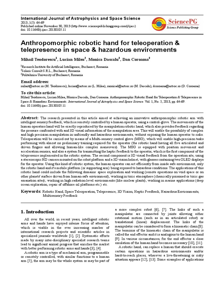 Paper-Anthropomorphic Robotic Hand For Teleoperation & Telepresence in ...