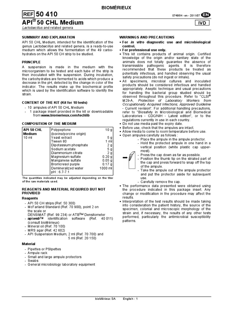 Package Insert - API 50 CHL Medium | PDF | Infection | Microbiology