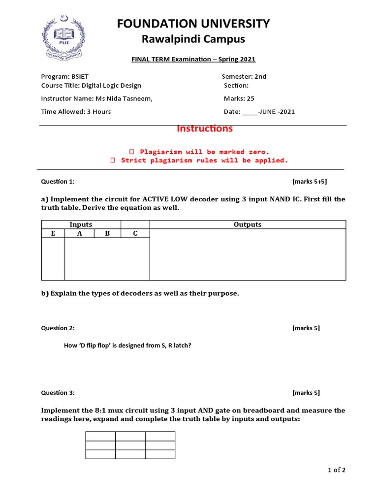 DLD - Final Exam Spring - 2021 | PDF | Technology & Engineering
