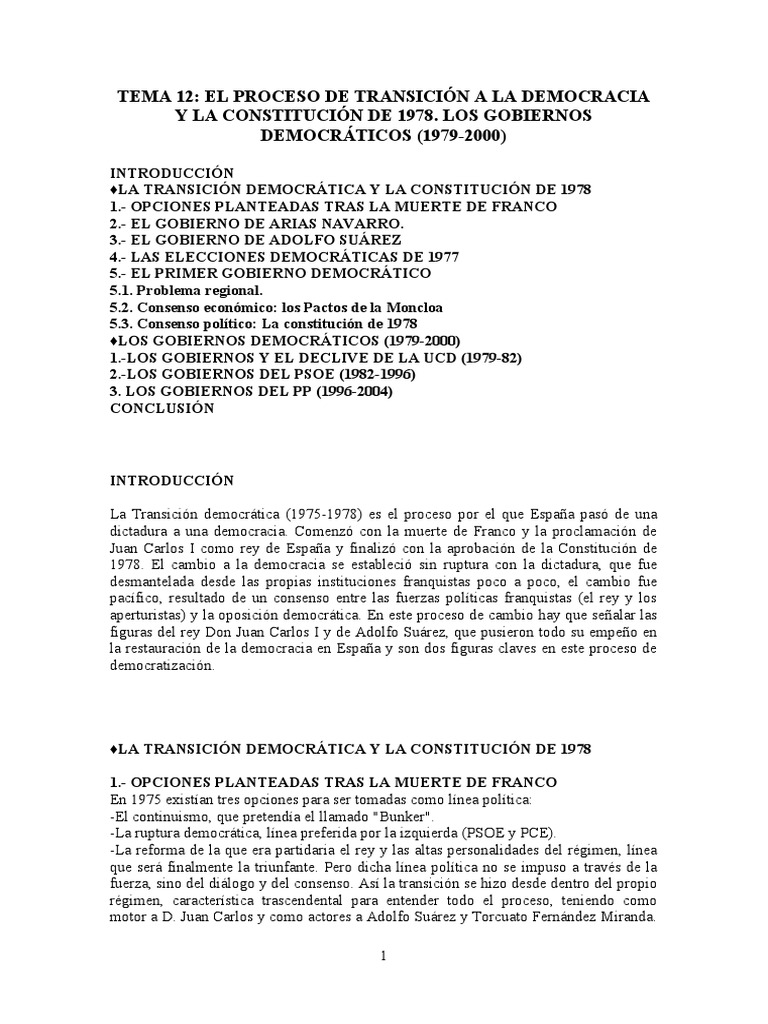 TEMA 12. El Proceso de Transición A La Democracia | PDF | Cortes ...