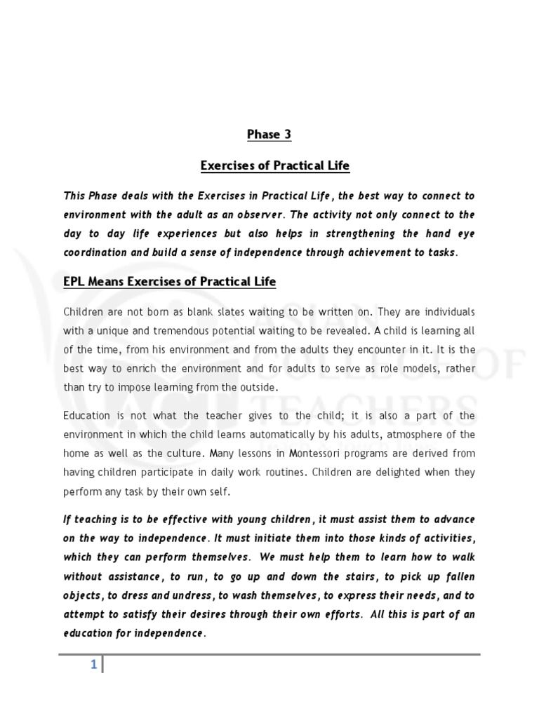 Phase 3 Exercises of Practical Life | PDF | Montessori Education | Hand