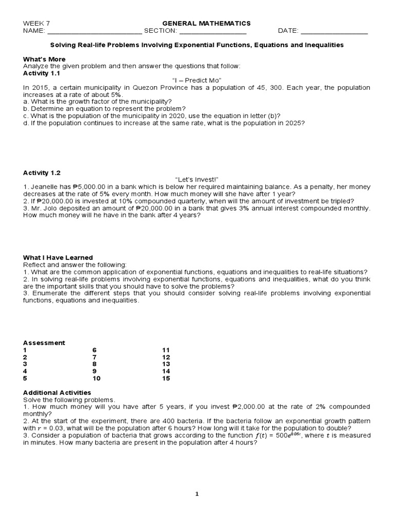 Solving Real-Life Problems Involving Exponential Functions, Equations ...