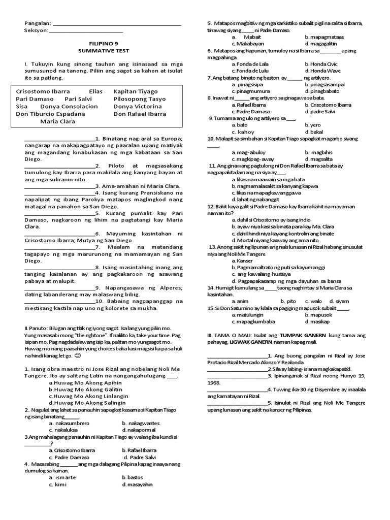 Summative Test-Filipino 9 | PDF