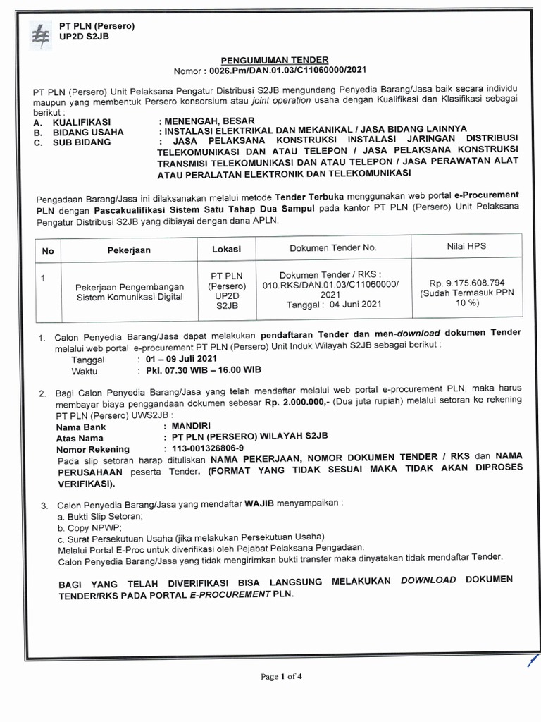 01071937-Pengumuman Tender 026 Pengembangan Sistem Komunikasi Digital | PDF
