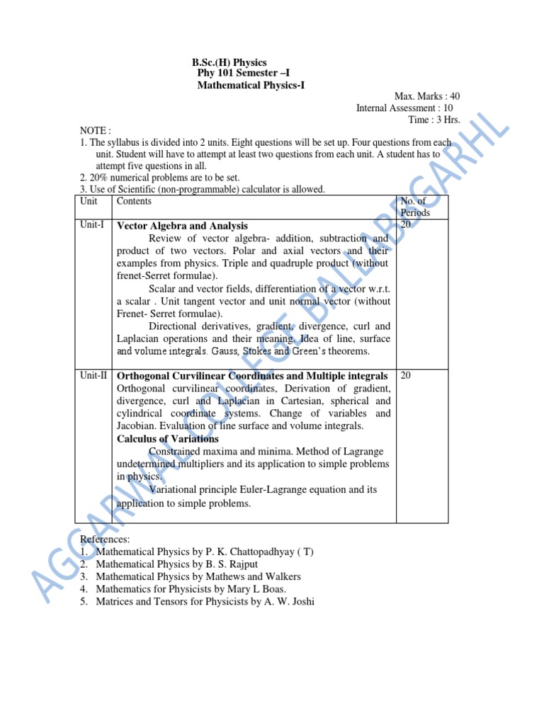 B.Sc. (H) Physics Phy 101 Semester - I Mathematical Physics-I | PDF | Electric Field | Special ...