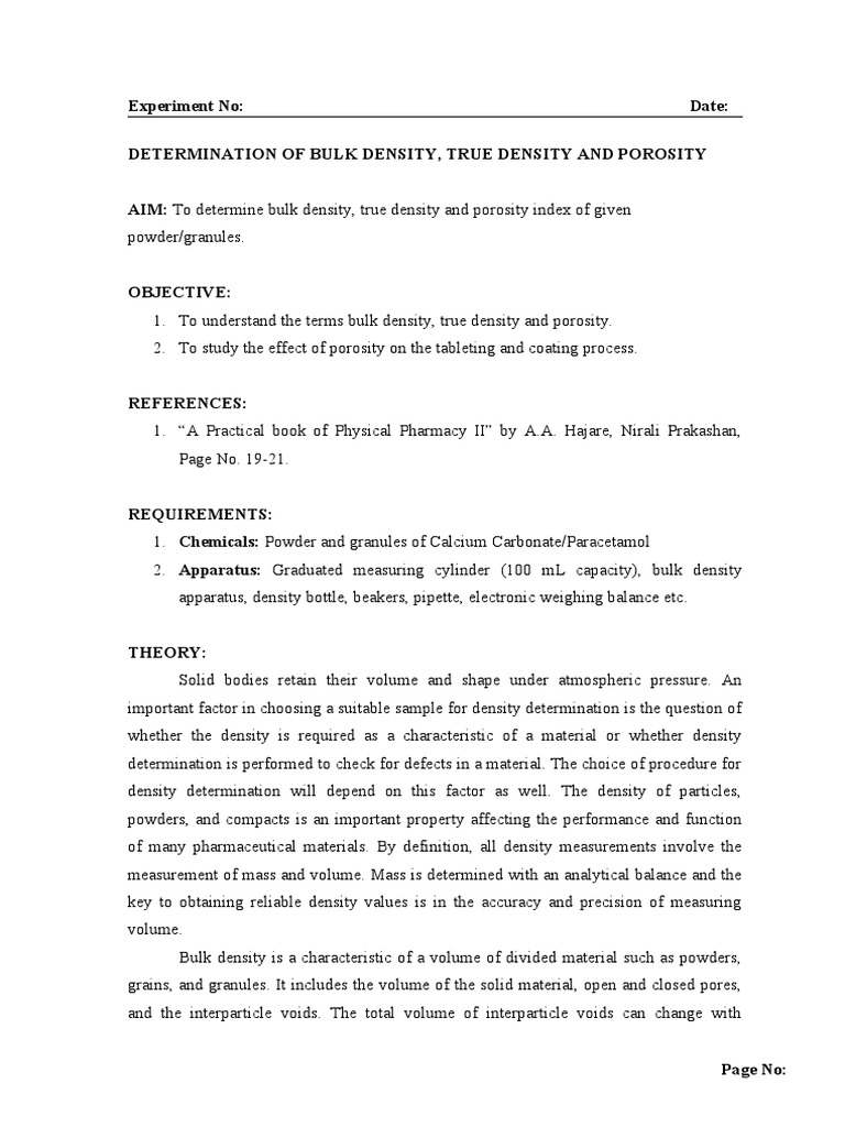 Experiment No: Date: Determination of Bulk Density, True Density and ...