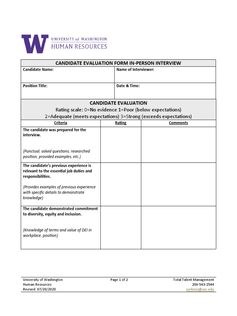 Candidate Evaluation Form In-Person Interview | PDF