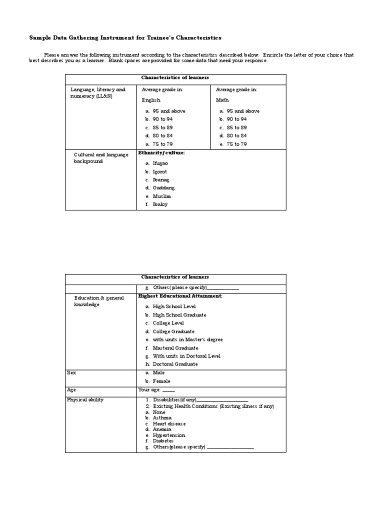 Sample Data Gathering Instrument For Trainee's Characteristics | PDF ...