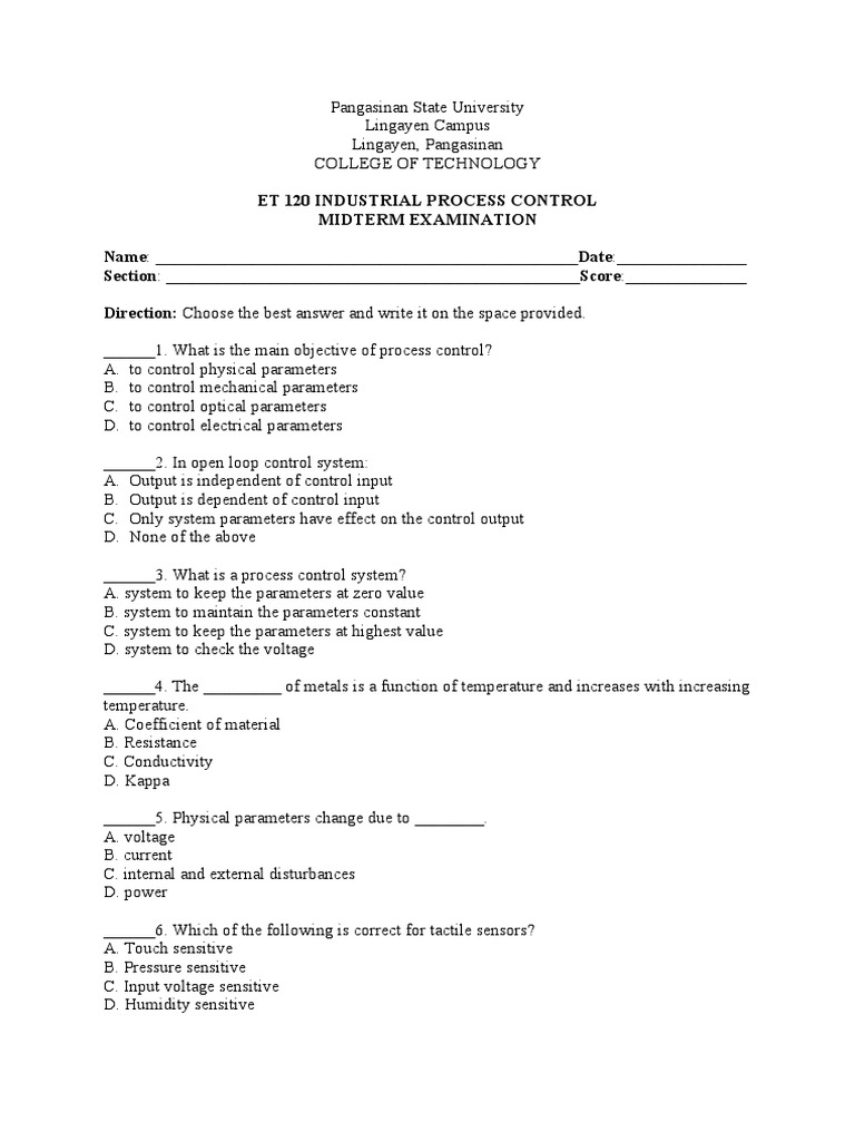 Industrial Process Control Exam | PDF | Thermocouple | Control System