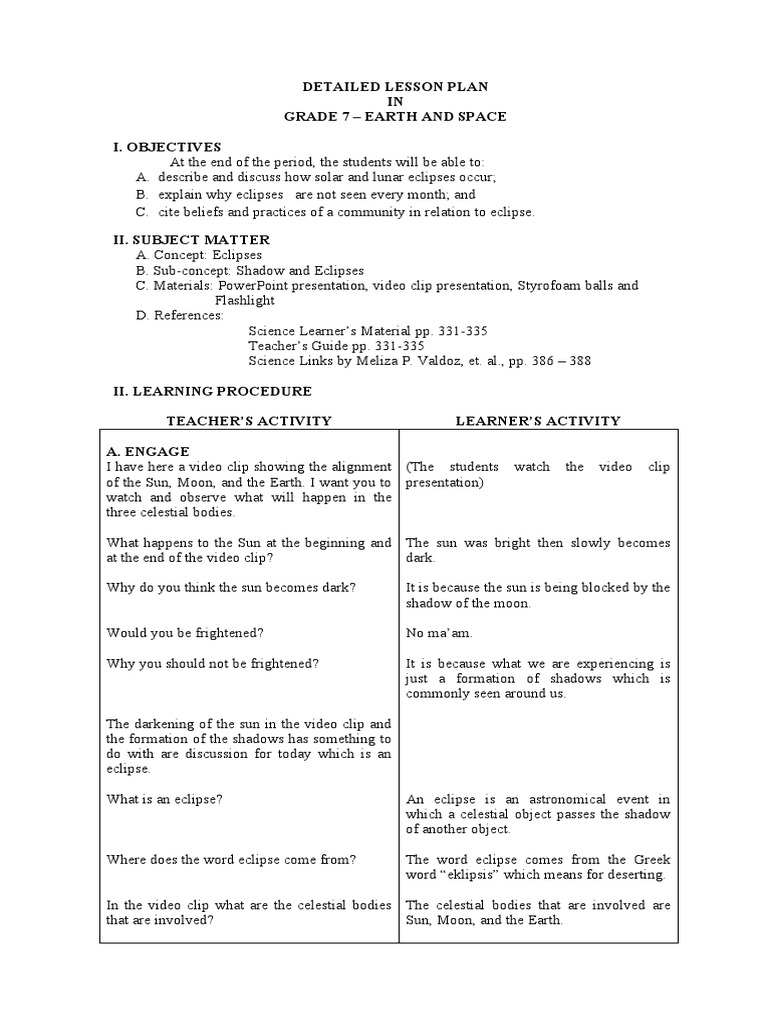 Detailed Lesson Plan IN Grade 7 - Earth and Space I. Objectives | PDF ...