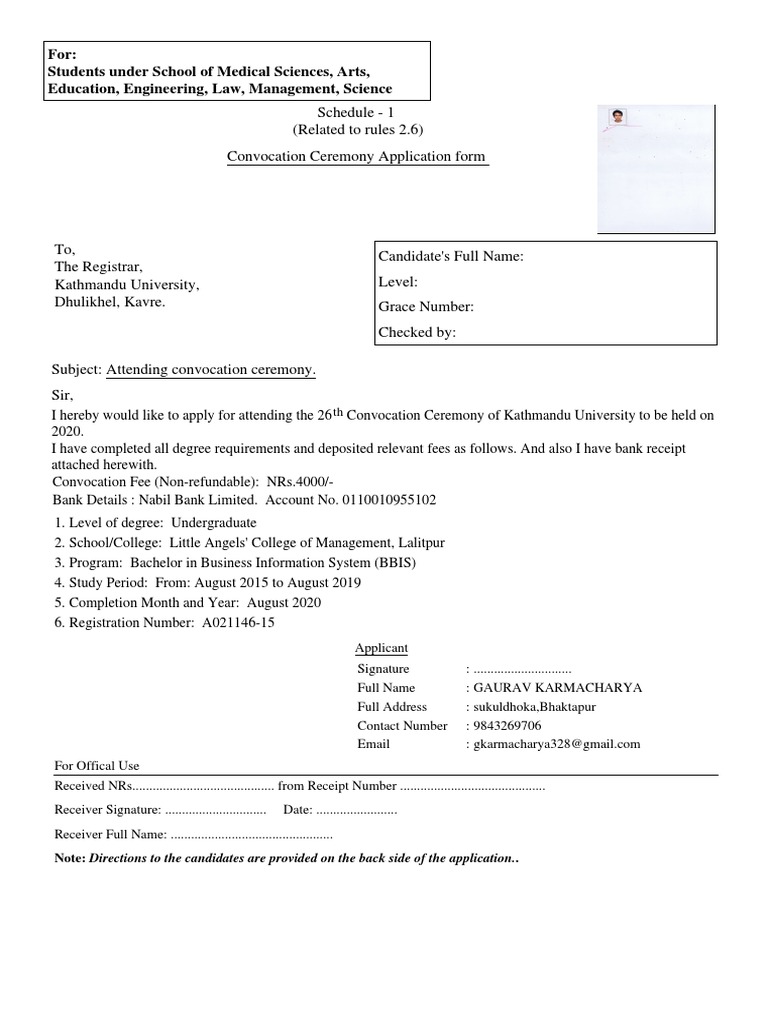 Schedule - 1 (Related To Rules 2.6) Convocation Ceremony Application ...