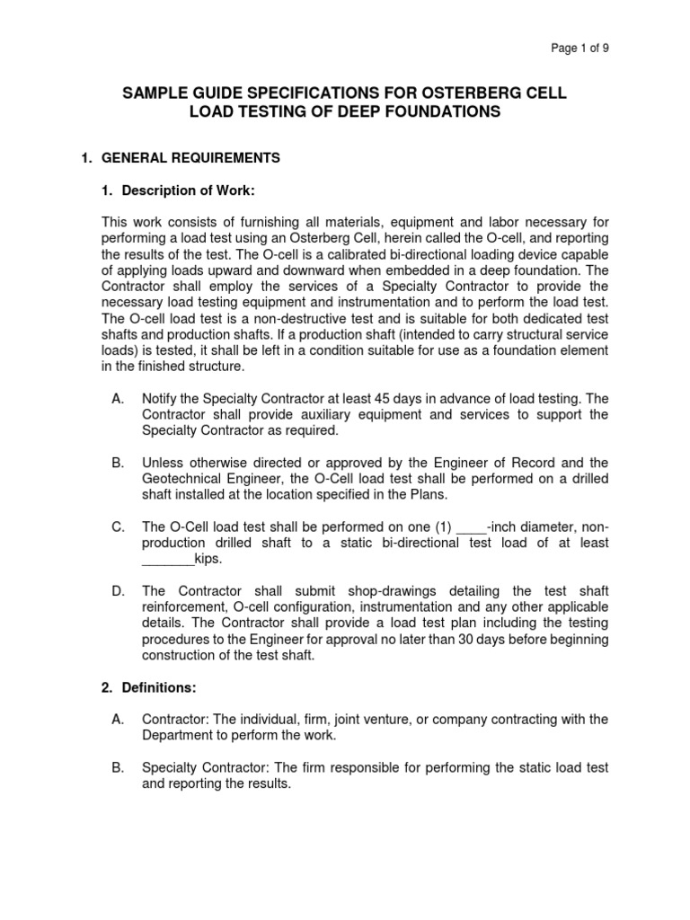 Sample Guide Specs - O-Cell | PDF | Concrete | Pipe (Fluid Conveyance)