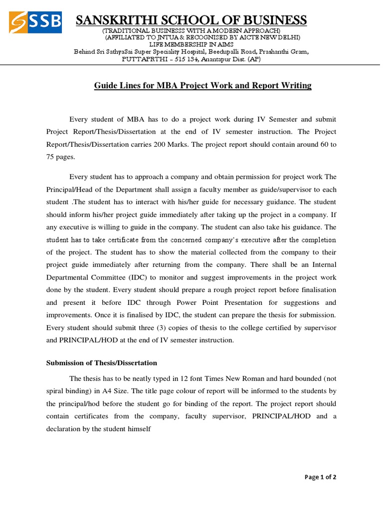 Guide Lines For IV Semester MBA Project Report Writing - 2021 | PDF ...