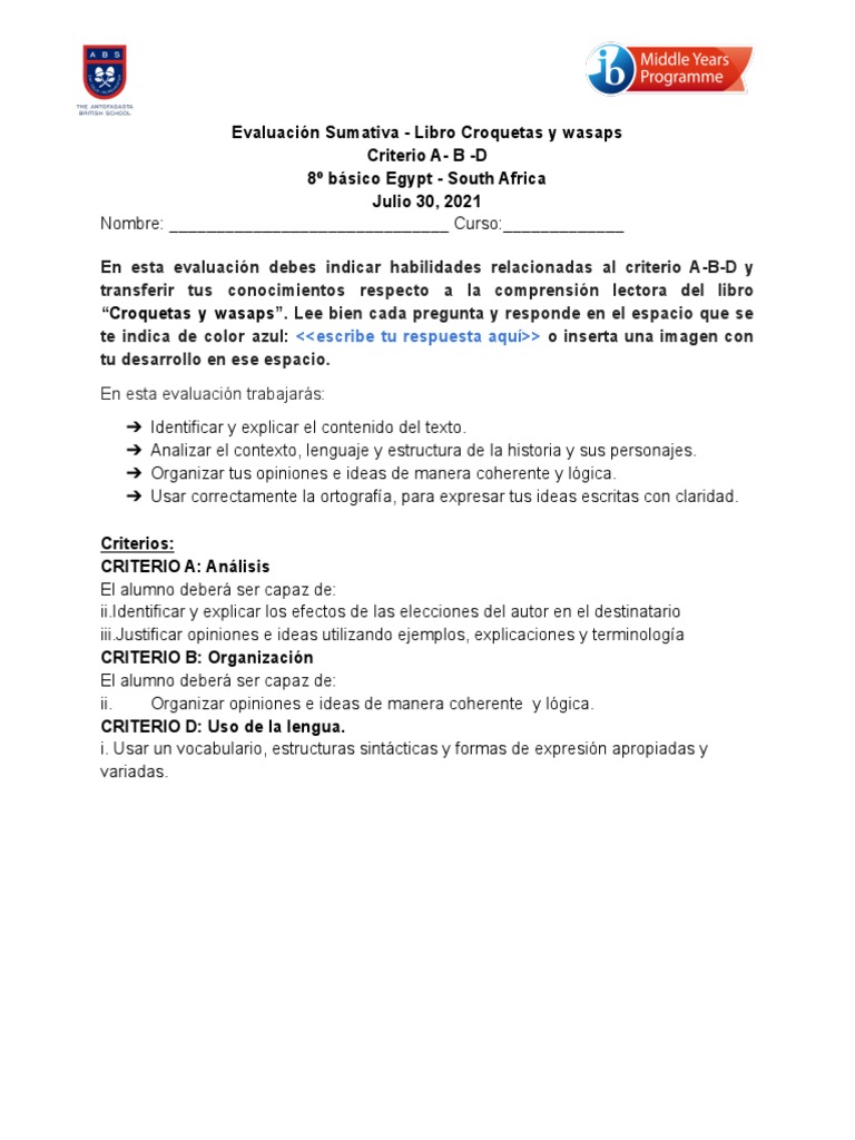 Control de Lectura - Croquetas y Wasaps | PDF | Comprensión lectora ...