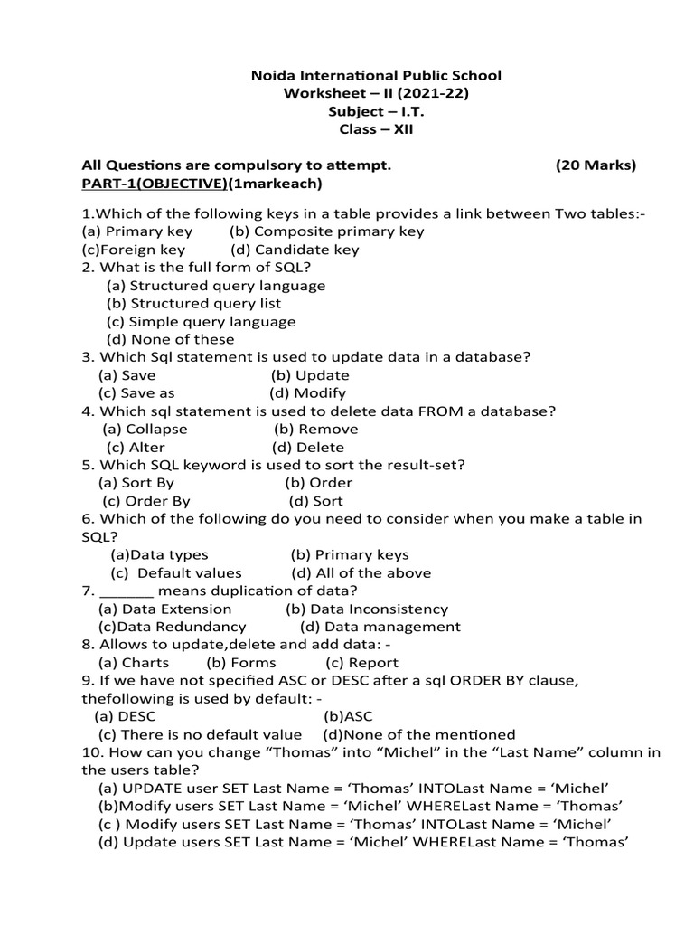 Class XII Worksheet II | PDF | Sql | Information Management