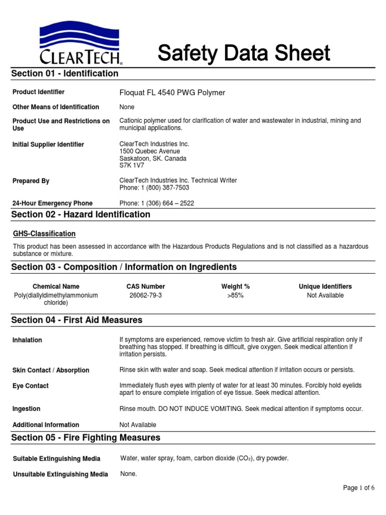 Floquat FL4540 PWG Polymer CTI SDS | PDF | Toxicity | Dangerous Goods