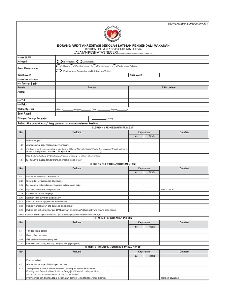 Borang Audit Akreditasi Sekolah Latihan Pengendali Makanan | PDF