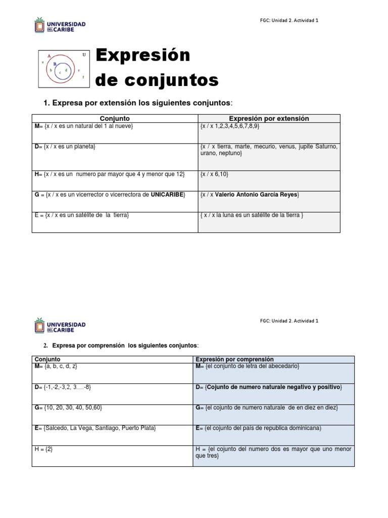 Unidad 2. Actividad 1. Expresiones de Conjuntos 2 | PDF