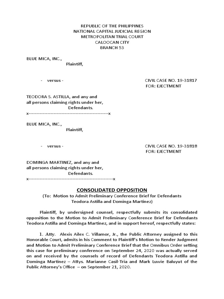 Consolidated Opposition - Motion To Admit Preliminary Conference Brief ...