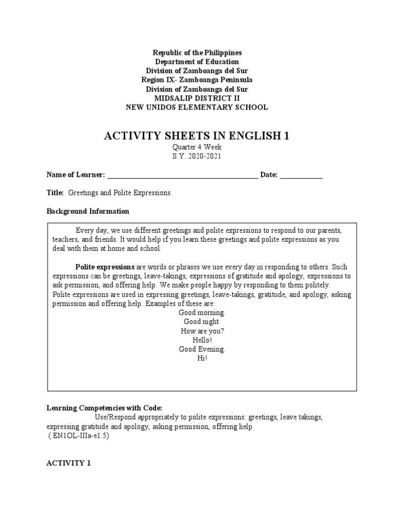 Learning Activity Sheets Grade 1 PDF Cognition Learning