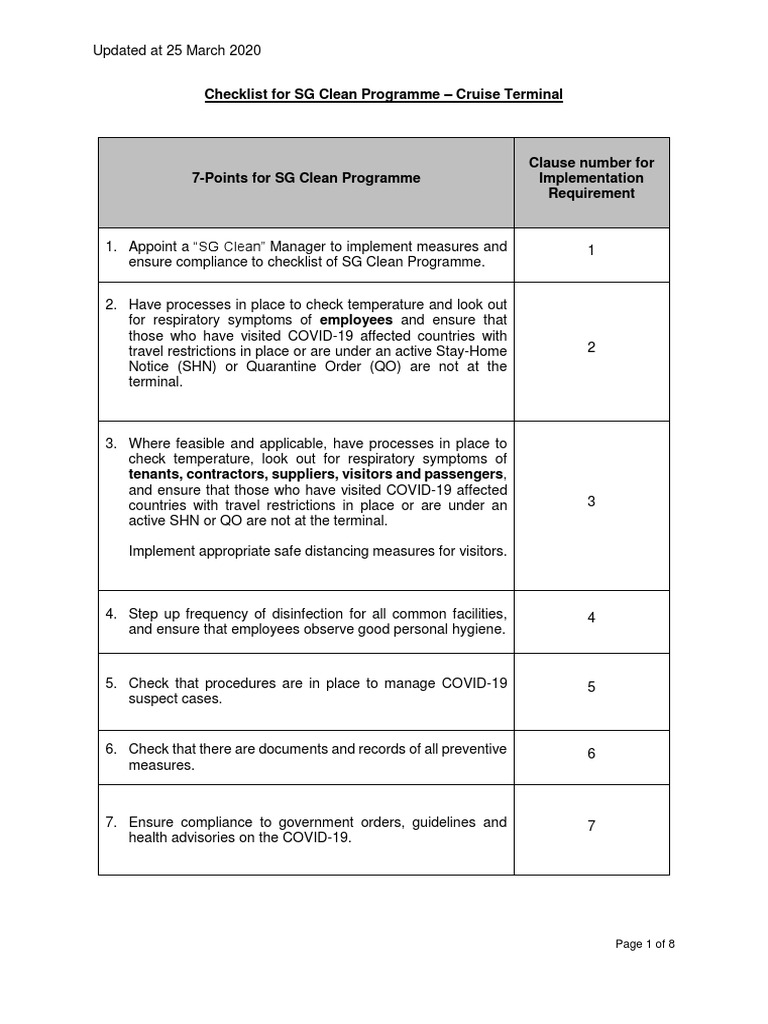 SG Clean Checklist-Cruise Terminal | PDF | Quarantine | Hygiene